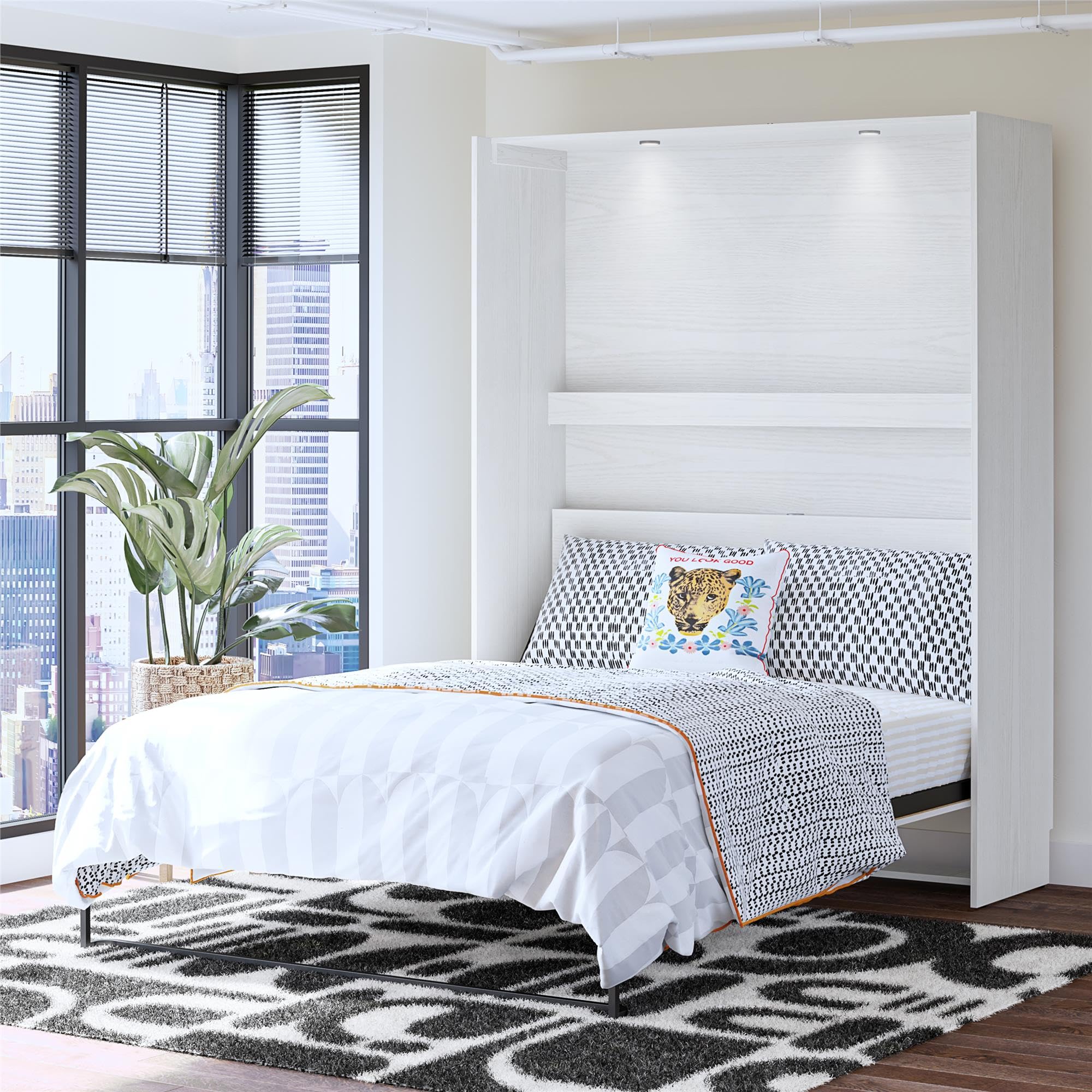 REALROOMS Fir Haven Queen Size Murphy Bed Fold Out Multifunctional Storage Wall Bed Multipurpose Space Saving Bedframe for Guest Room or Bedroom, White Pine