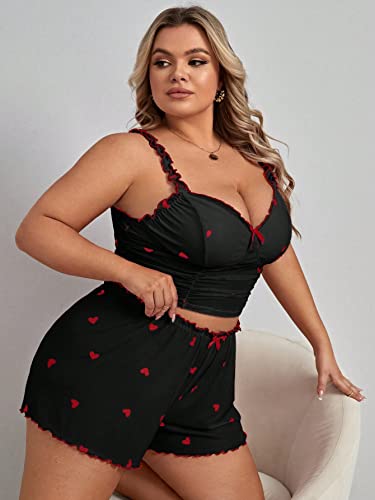 SOLY HUX Women's Plus Size Heart Print Mesh Pajama Set Cami Top and Shorts Lounge Sleepwear Black Heart 5XL