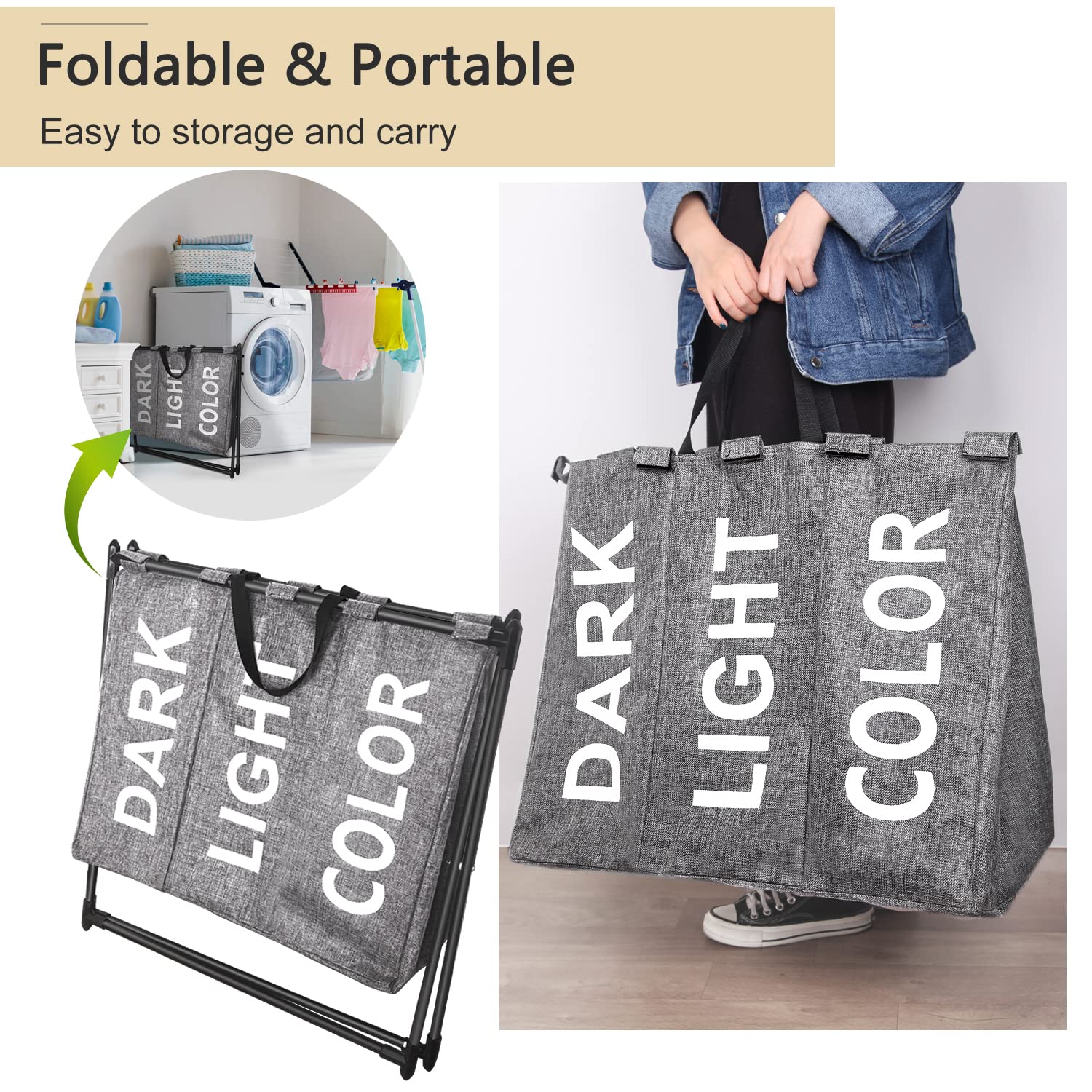 X-cosrack 180L Laundry Hamper 3 Sections Laundry Sorter, Foldable & Collapsible 3 Bin Laundry Hamper with Handles, Waterproof Lining Laundry Organizer for Dirty Clothes & Kid's Puppets, Black, Grey