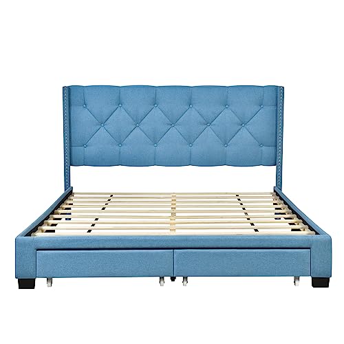 Queen Platform Bed with Headboard,Upholstered Linen Wood Bed Frame with Two Storage Drawers for Kids Girls Boys Teens Adults, No Box Spring Needed(Blue)