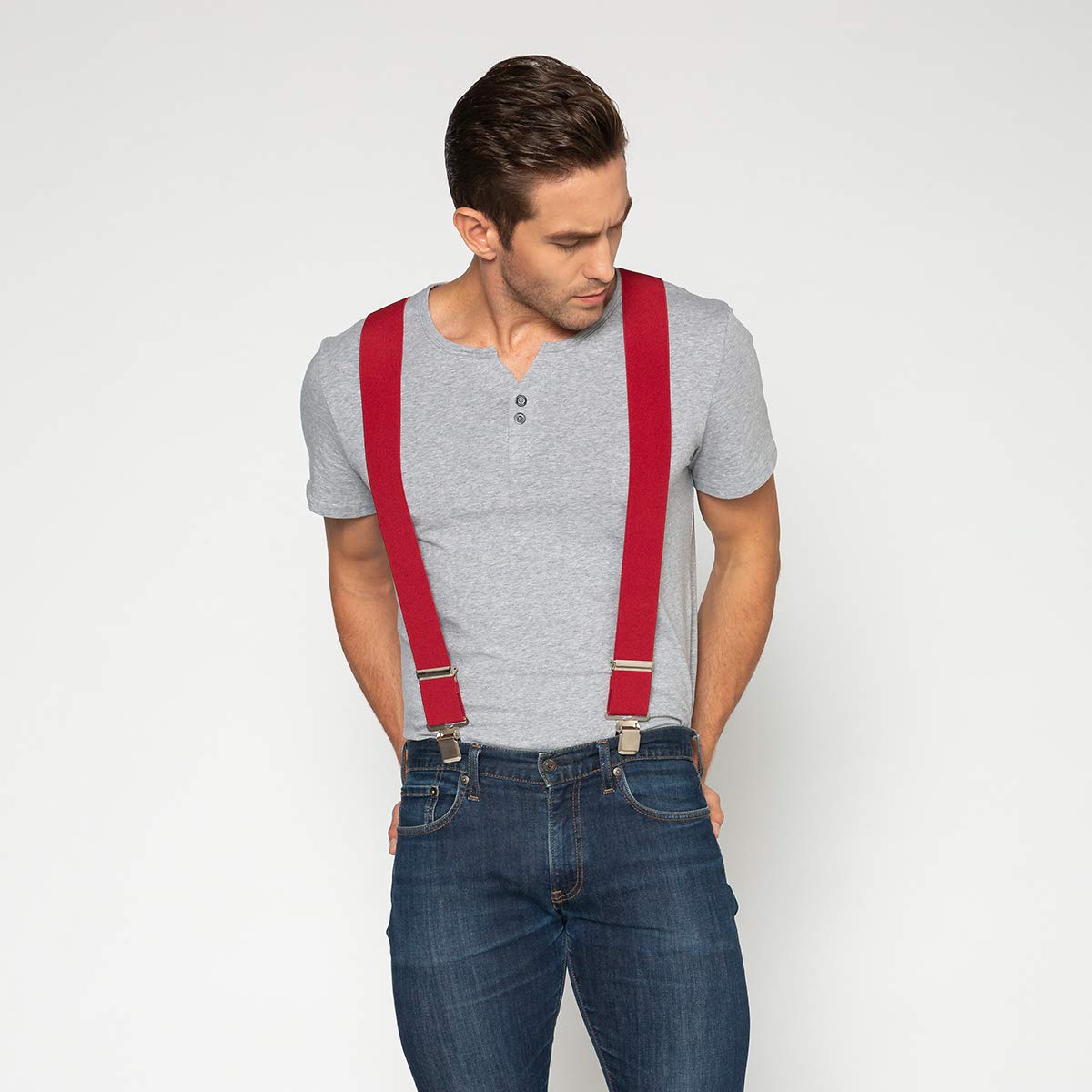Grade Code Mens Suspenders X-Back 2'' Wide Adjustable Elastic Strong Clips Suspenders (Black)