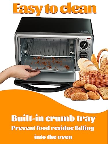 Toaster Oven 4 Slice Countertop - Pizza Oven with Timer, Convection Oven fits a 9 Inch Pizza, for Bake, Broil, Toast, Includes Baking Pan and Rack, Stainless Steel, Silver