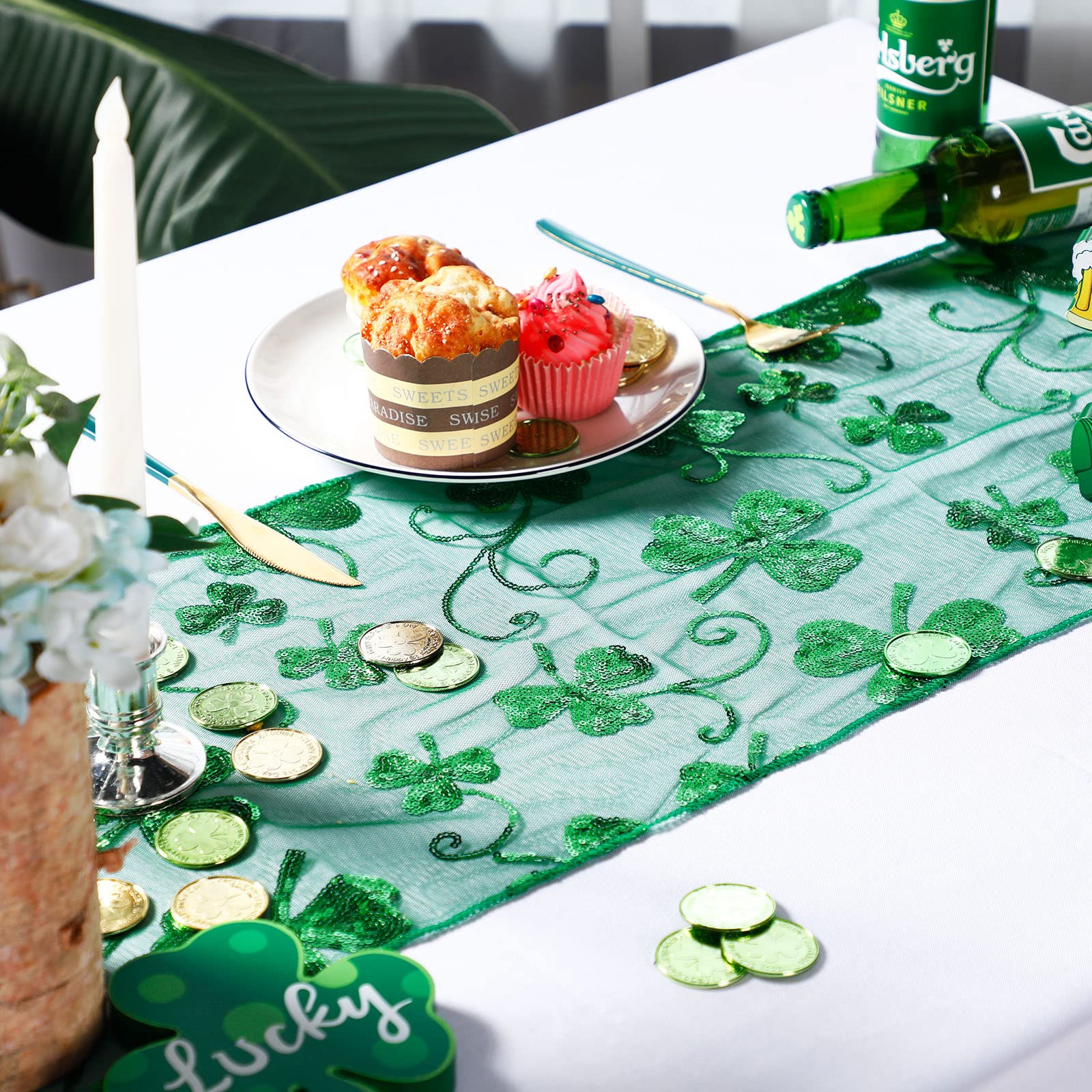 St Patrick's Day Sequin Table Runner Decoration Lucky Shamrock Table Runners with Green Irish Shamrock Sequin 72 x 12 Inch Rectangle Table Runner for St Patricks Day Party Event Decorations(1 Pcs)