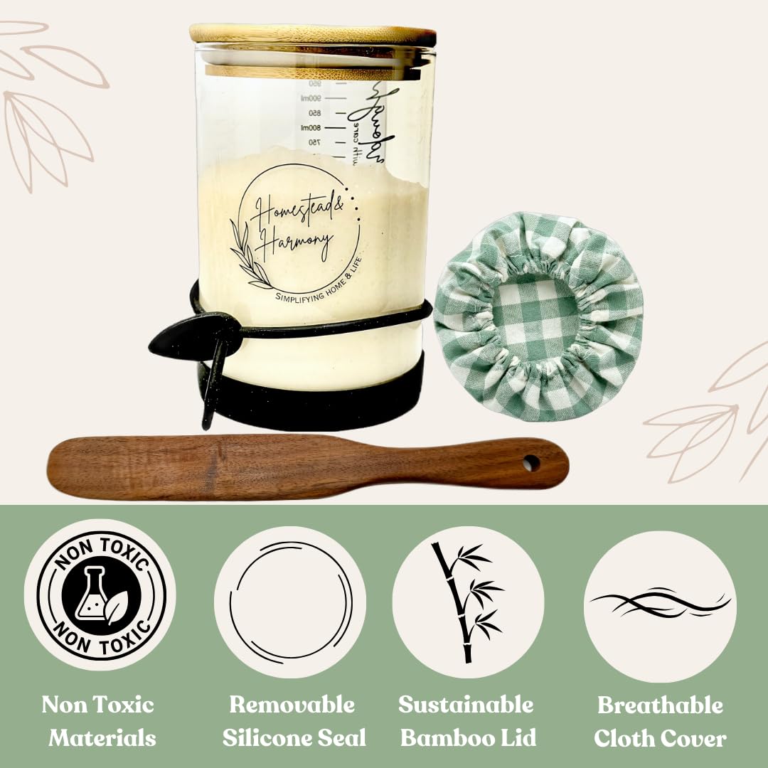 Sourdough Starter Kit - Sourdough Kit Includes Wooden Spurtle, Glass Jar w/ Bamboo Lid, Cloth & More - Non-Slip Silicone Base Sourdough Bread Baking Supplies - Bread Making Kit for Beginners & Pros