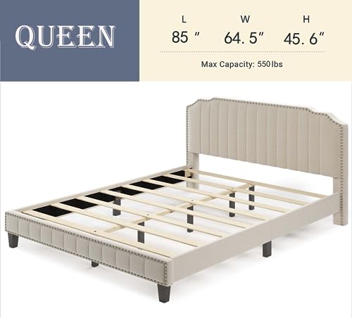 Queen Size Linen Upholstered Platform Bed Frame with Soft Nailhead Headboard and Wooden Slats Support, No Box Spring Needed for Boys Girls Teens Adults, Noise-Free, Under Bed Storage (Queen)