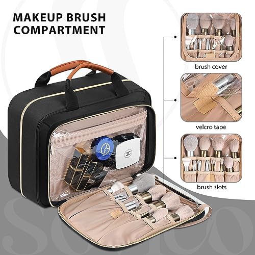 SOVICO Large Travel Toiletry Bag for Women with Extra 4 Travel Bottles, Hanging Toiletry Bag with 360° Rotatable Hook, Travel Bag for Full-Sized Cosmetic Bag with Makeup Brush Compartment-Black