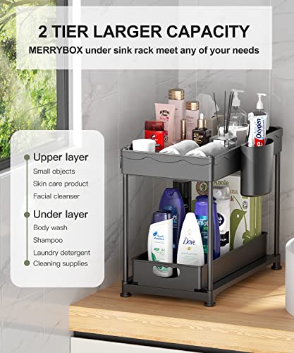 MERRYBOX Under Sink Organizers and Storage, Sliding Under Cabinet Bathroom Organizer, 2 Tier Kitchen Under Sink Shelf Organizer Pull Out Drawer with Hooks, Hanging Cup, Non-Slip Feet, Black, 1 Pack