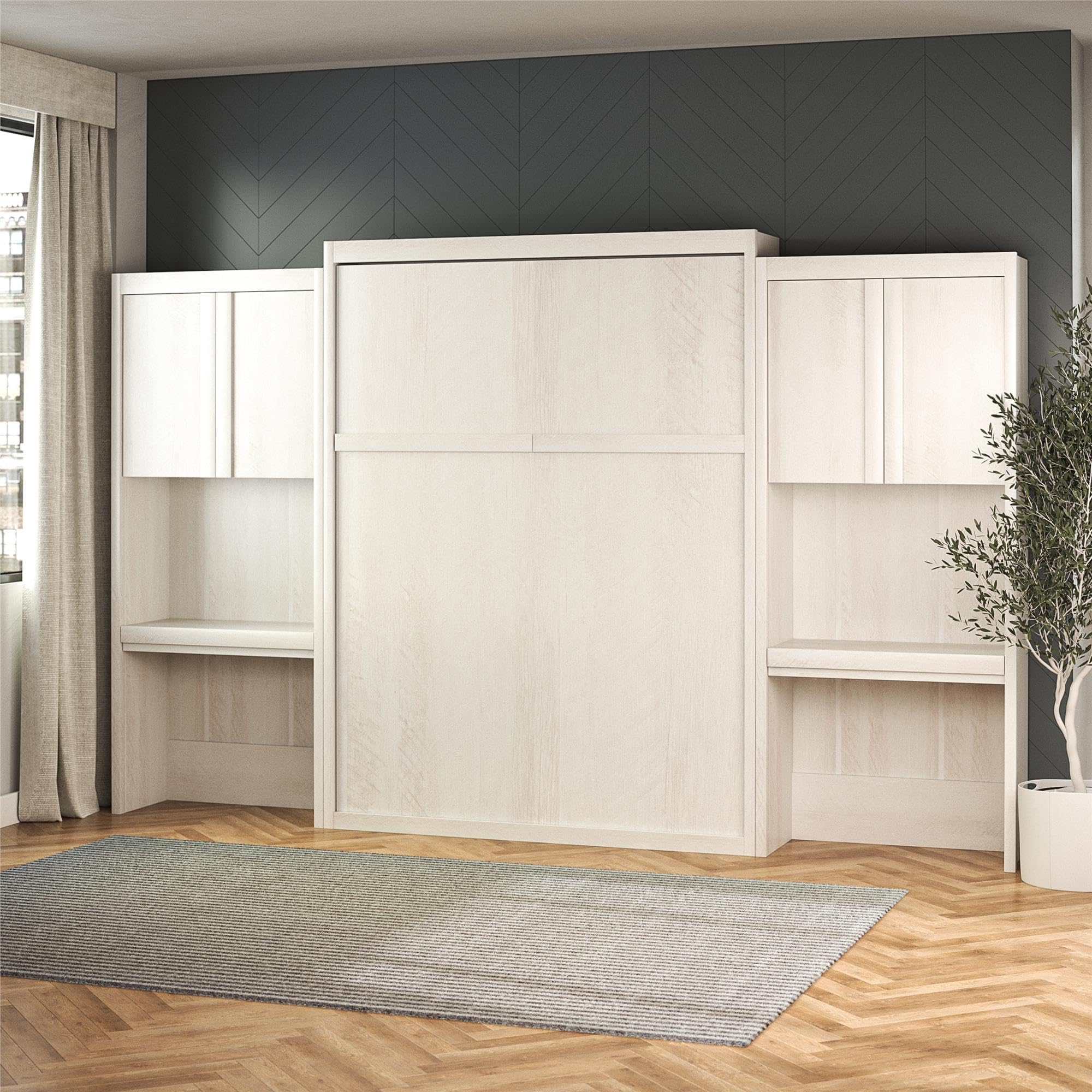 REALROOMS Halstead Multi-Functional Queen Size Fold-Out Murphy Bed with 2 Side Desk Storage Cabinets and Slide-Out Vanity Drawers for Bedroom or Guest Room, Ivory Oak