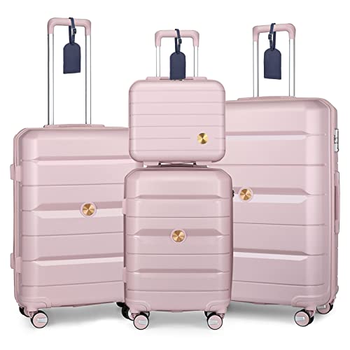 Somago 4 Pieces Luggage Set(14/20/24/28) PP Lightweight 4 Double Rolling Wheels Suitcase With TSA Lock & YKK Zipper Bussiness Trip (Rose Pink)