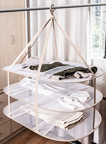 Sweater Flat Mesh Stackable Laundry Drying Rack, Lay Flat Dryer for Delicates, Portable Dry Rack for Indoor and Outdoor, 3 Tier Foldable, Beige