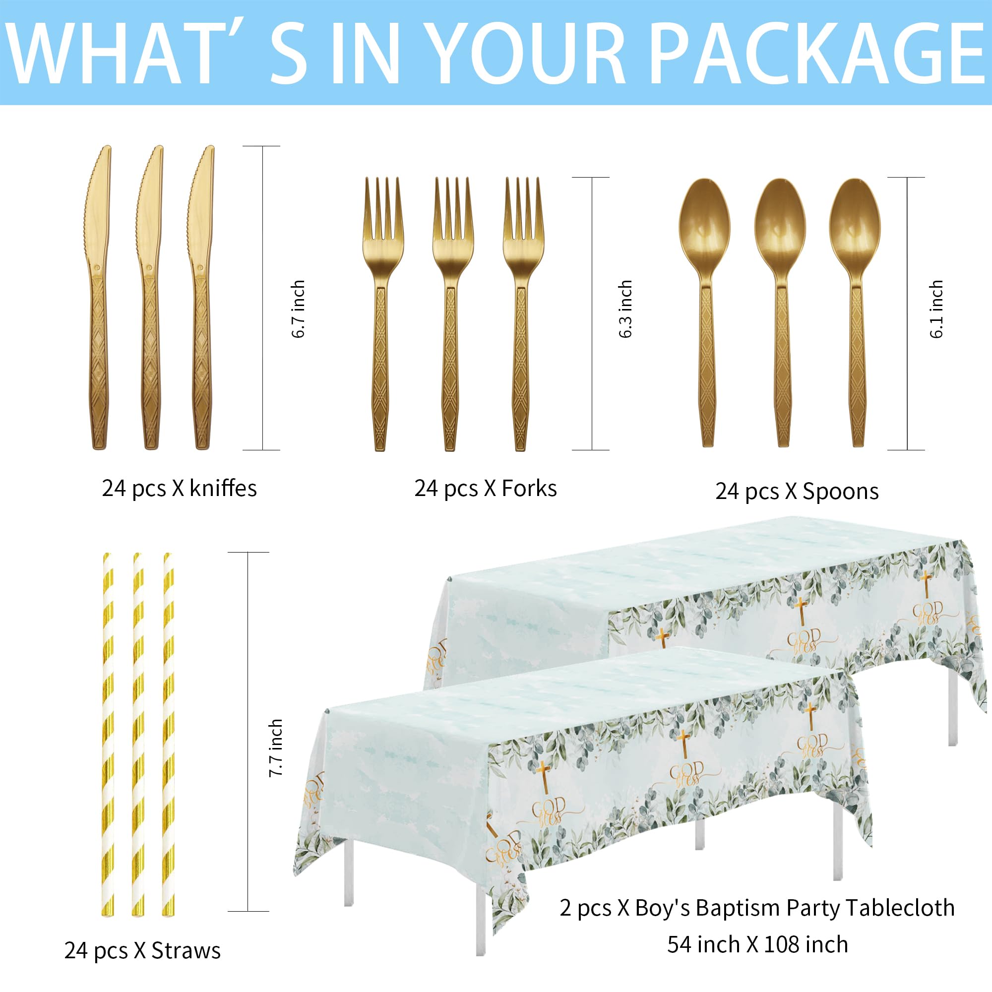Suhelkit First Communion Decorations Tableware Boy - God Bless Baptism Plate, Cup, Napkin, Tablecloth, Cutlery, Mi Bautizo Eucalyptus Leaves Sage For Christening Baby Shower Religious Party | Serve 24