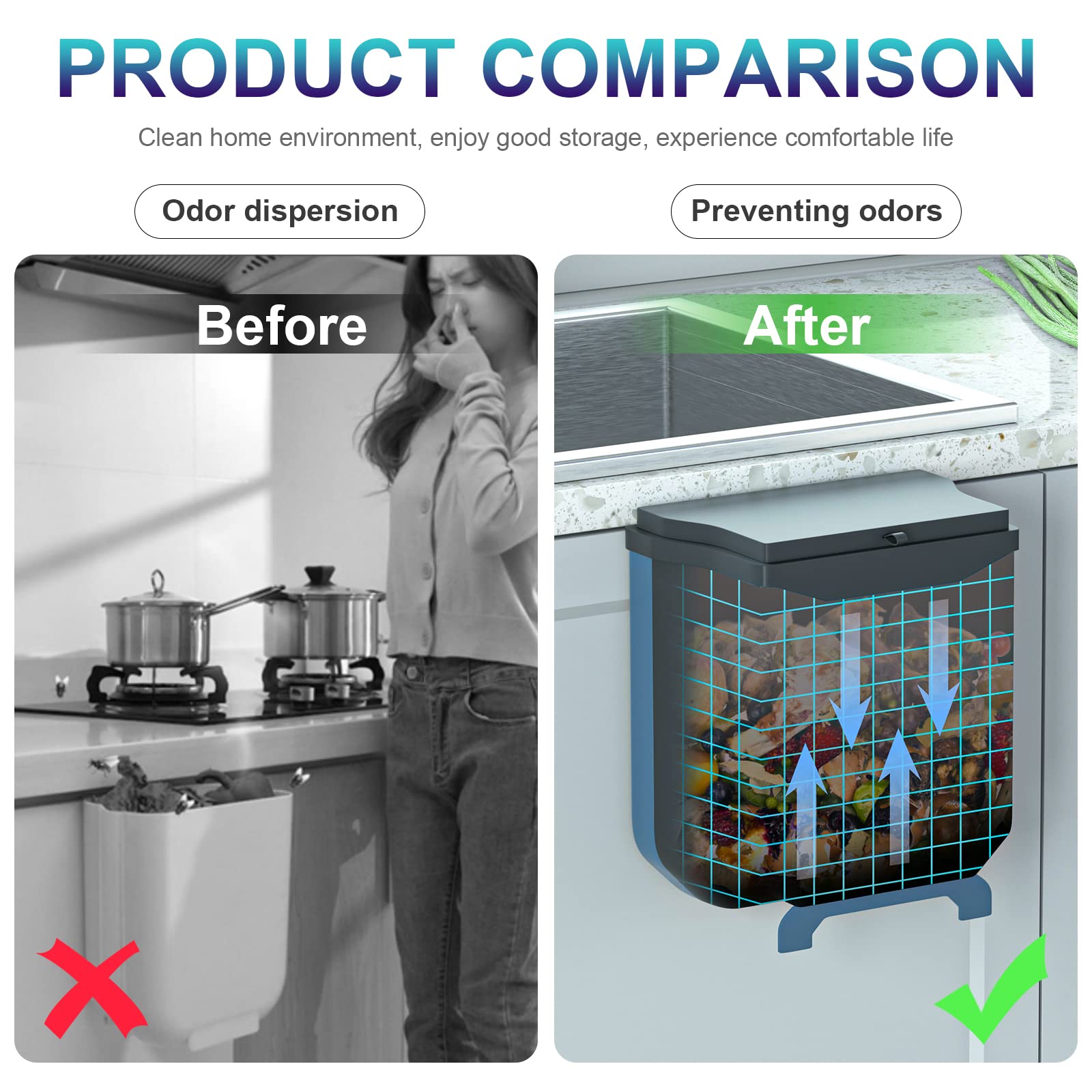 Hanging Trash Can with Lid for Kitchen RV Cabinet Door, 2.4 Gallon Foldable Wall Mounted Trash Can with Trash Bag Drawer, Folding Garbage Countertop Waste Bin