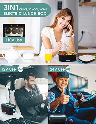 Xflyee 75W Electric Lunch Box Food Heater, 12V/110V Upgraded Leakproof Heating Lunch Box for Work/Car/Truck/Office with 1.5L Removable Stainless Steel Container, Fork & Spoon and Insulated Carry Bag