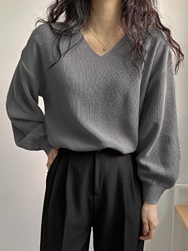 SweatyRocks Women's Lantern Long Sleeve Drop Shoulder Sweater V Neck Ribbed Knit Pullover Top Dark Grey S