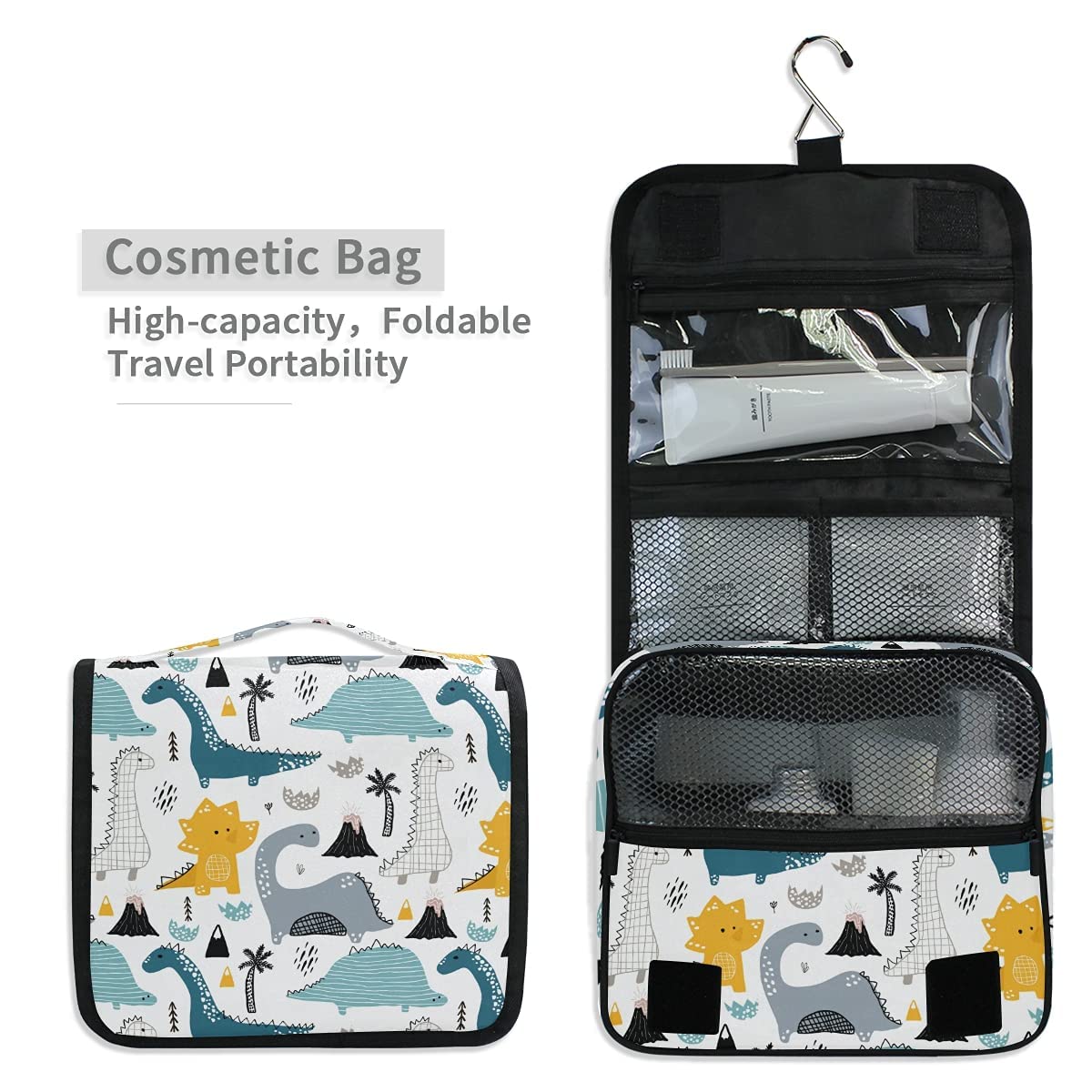 Hanging Travel Toiletry Bag Kit Makeup Case Cosmetics Organizer for Men Women (Kids Cartoon Dinosaurs)