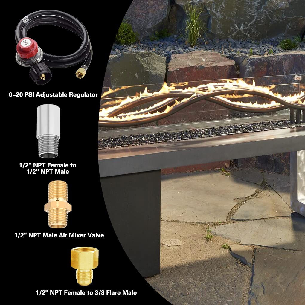 MOFLAME 4 Feet High-Pressure Propane 0-20 PSI Adjustable Regulator Hose Assembly with LP 1/2" Air Mixture Valve for Liquid Propane Fire Pits,Fireplace