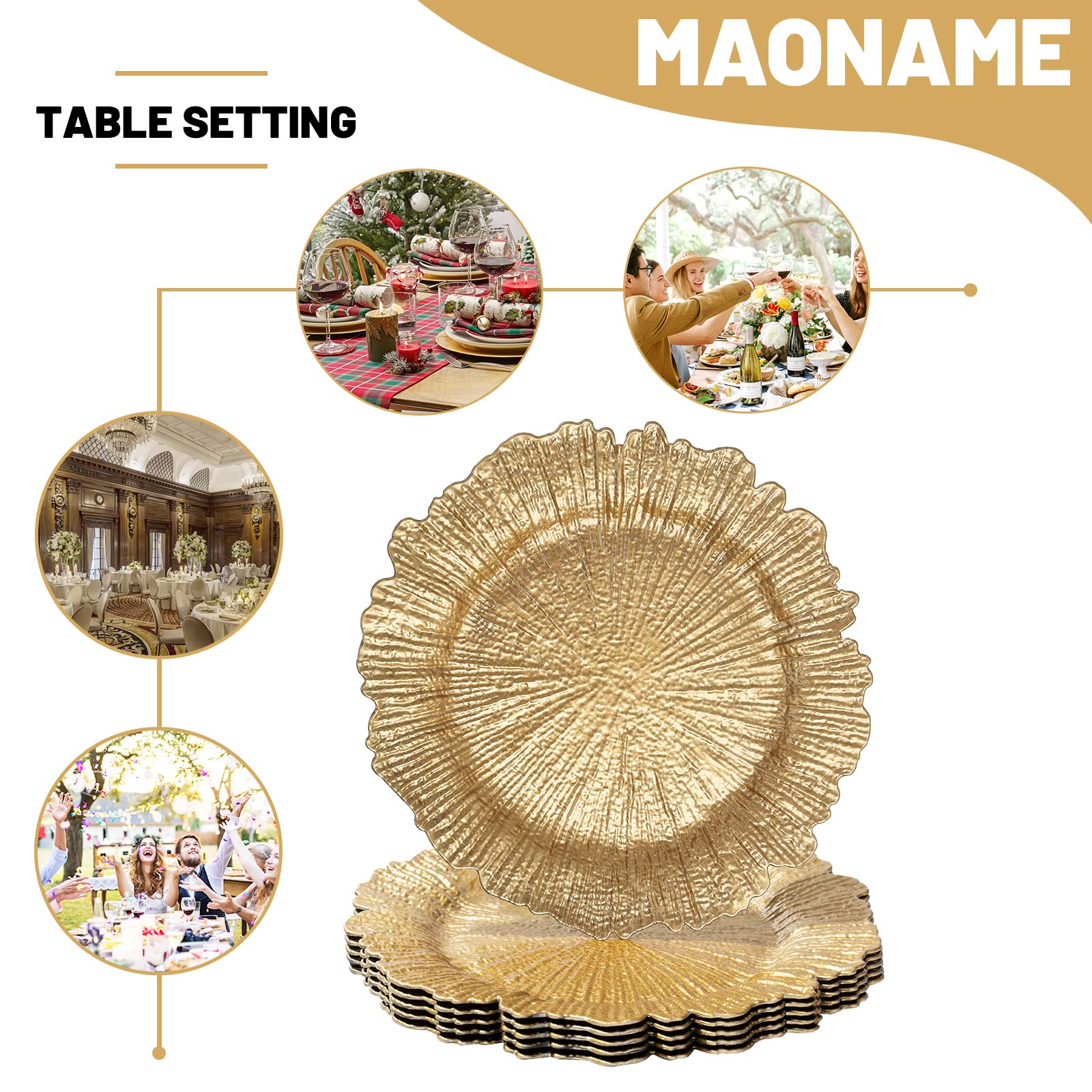 MAONAME Round 13" Gold Charger Plates, Set of 6, Reef Plate Chargers for Dinner Plates, Plastic Table Chargers for Wedding, Thanksgiving, Christmas