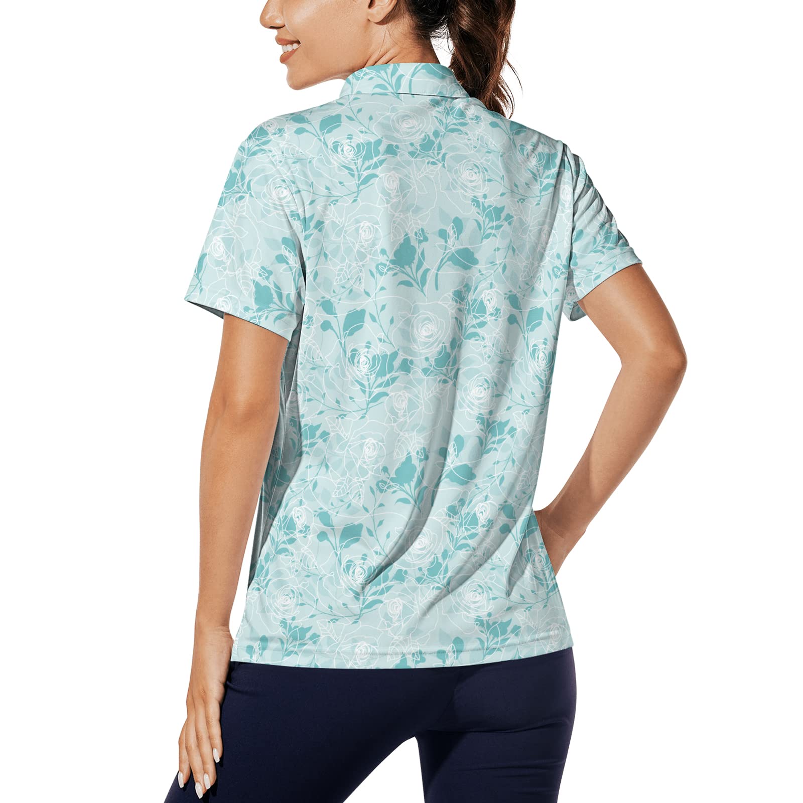 Hispotim Women's Short Sleeve Polo Shirt Lightweight Printed Golf Shirts Quick Dry Workout Golf Polo Shirts (Blue Flowers,XL)