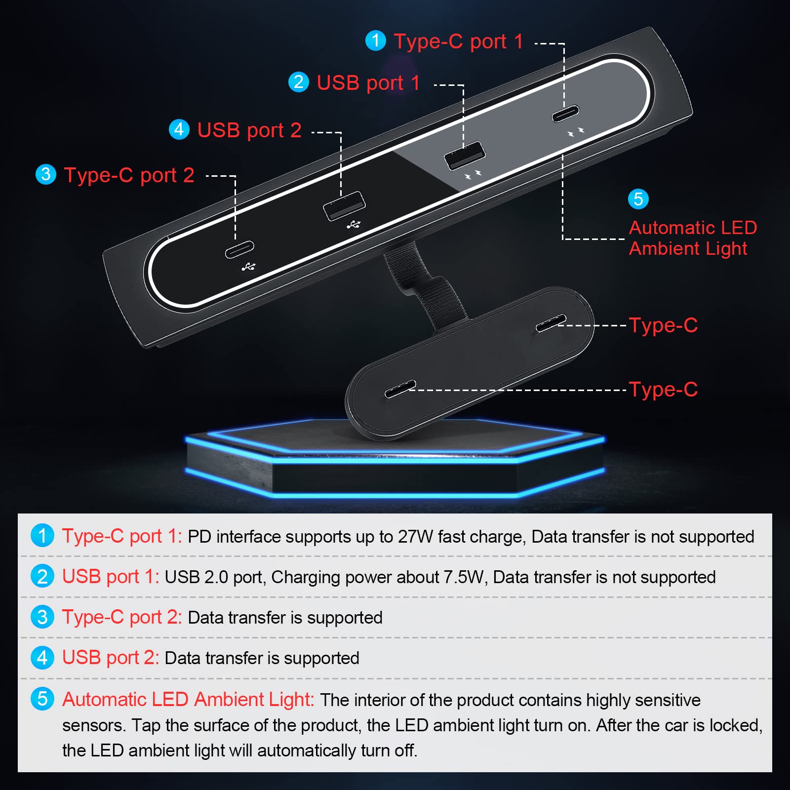 OEC-T5 Tesla USB Hub Car USB Charger 4 in 1 Center Consoles with PD Fast Charge Port and Blue Automatic LED Ambient Light Fit for 2021 2022 Tesla Model Y Model 3