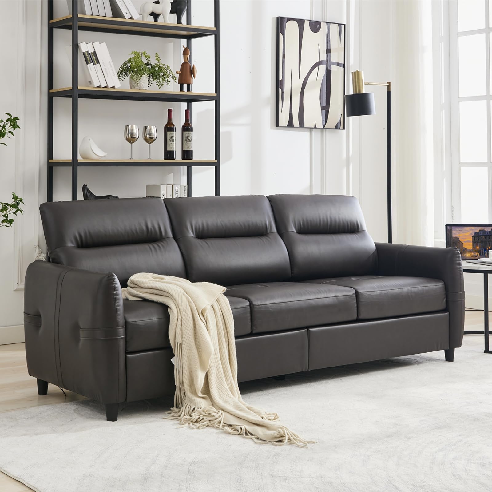 STHOUYN 85β Faux Leather Sofa Brown Leather Couch with USB, Mid Century Modern 3 Seater Couches Sofas Living Room, Apartment Couch, Large Office Sofa Couch, Stain Resistant & 3 Tufted Cushion (Brown)