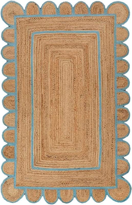 THE RUG CAFE Natural Scalloped Jute Area Rug Bohemian Scallop Boho Decor Area Handwoven Custom Rugs Decorative Rug Natural Base Off Color Trim Reversible Braided Woven Rugs (Turquoise 4 X 6 Feet)