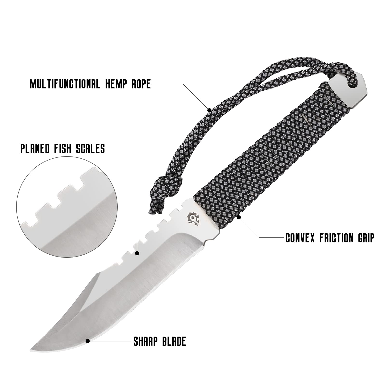 ITZH 8.3 inch Full-Tang Stainless Steel Fixed Knife with Cordage Grip Handle and Leather Sheath for Outdoor, Tactical, Survival and EDC Tactical Hunting Knife. (Silver)
