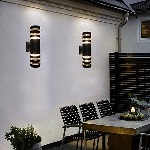 Outdoor Wall Sconce Porch Cylinder Light, Modern Exterior Up and Down Wall Light Waterproof with Aluminum of Matte Black Finish and Toughened Glass for Patio, Garage, E27 Base