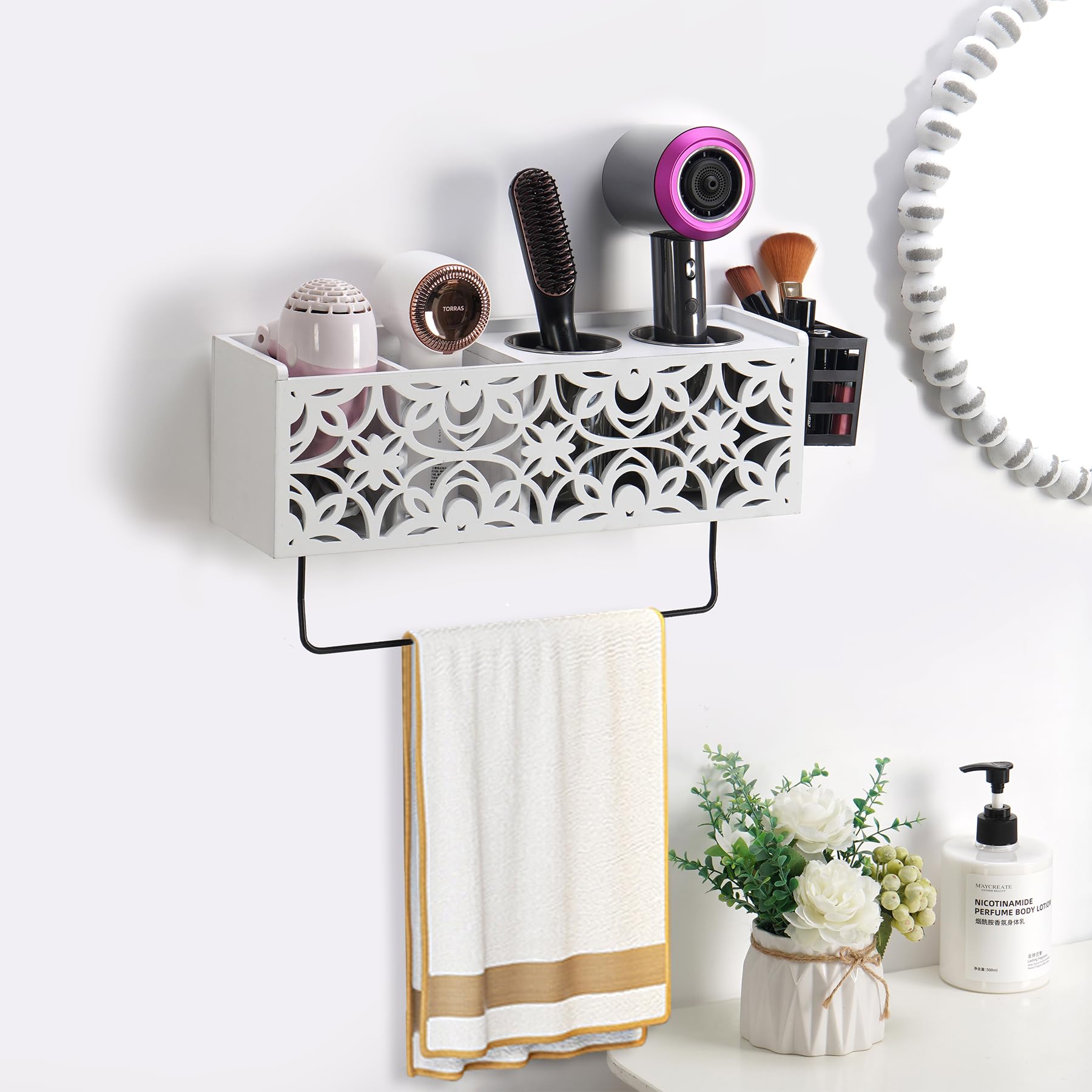 TRSPCWR Hair Tool Organizer Wall Mounted, Hair Dryer and Styling Holder with Towel Bar, Bathroom Blow Dryer Holder with Side Basket, Farmhouse Vanity Caddy Storage Stand for Accessories, Makeup