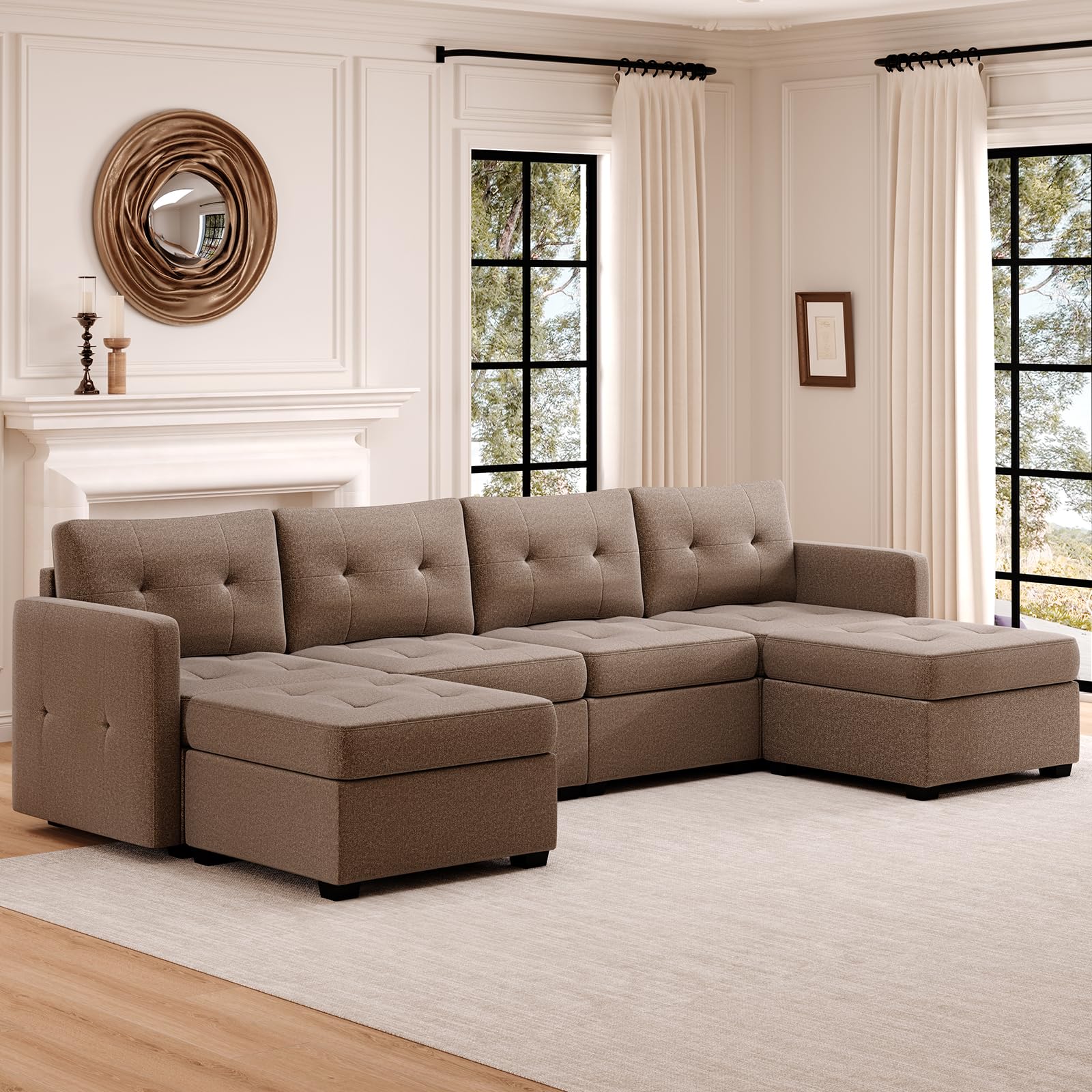 Wimarsbon Modular Sectional Sofa Set U Shaped Couch Chenille Fabric Sectional Couches 6 Seat Modular Sofa with Storage Ottoman for Living Room and Lounge (Brown, U-Shaped Sofa)