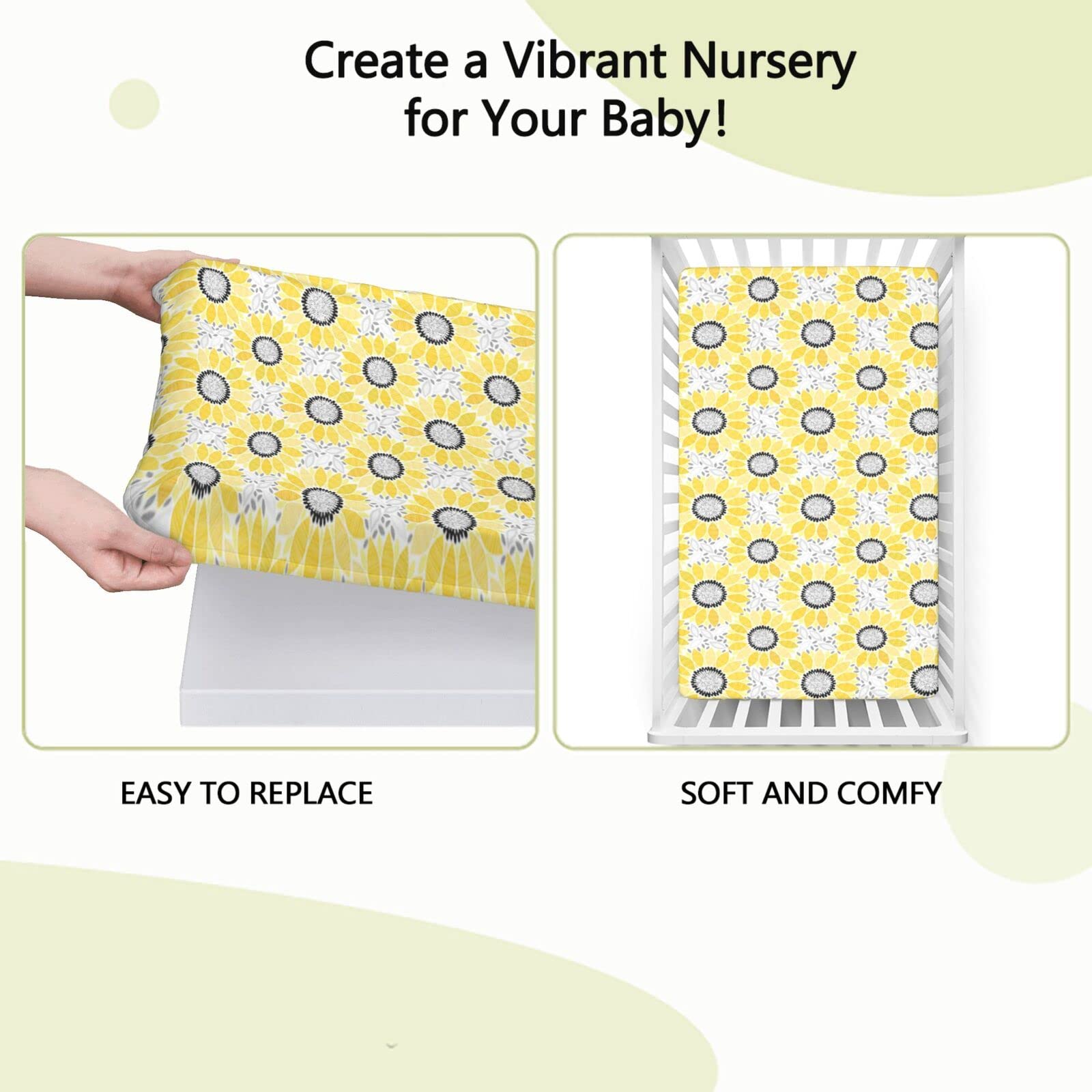 Sunflower Themed Fitted Mini Crib Sheets,Portable Mini Crib Sheets Soft Toddler Mattress Sheet Fitted-Baby Crib Sheets for Girl or Boy,24β x38β,Yellow Black Grey
