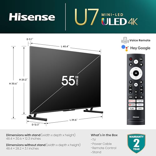 Hisense 55-Inch Class U7 Series Mini-LED ULED 4K UHD Google Smart TV (55U7K) - QLED, Native 144Hz, 1000-Nit, Dolby Vision IQ, Full Array Local Dimming, Game Mode Pro, Alexa Compatibility