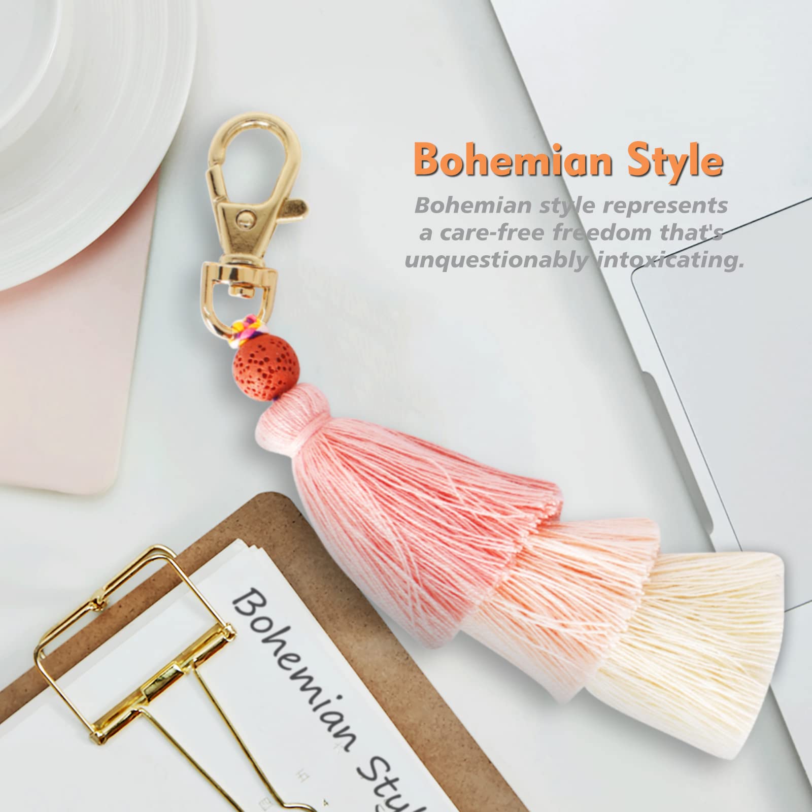 Hisuper Boho Keychains Pom Pom Tassel Macrame Keyring Alphabet Initial Letter M Keychain Pendant Car Key Ring for Purse Handbags Women Girl