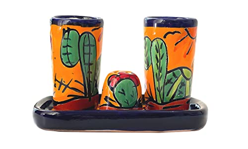 MEXTEQUIL - Authentic Mexican Talavera Tequila Shot Glasse with Tray and Salt Shaker - 2 Shots, 4pieces - Giffable - Artisanal colorful hand-painted (Cactus)