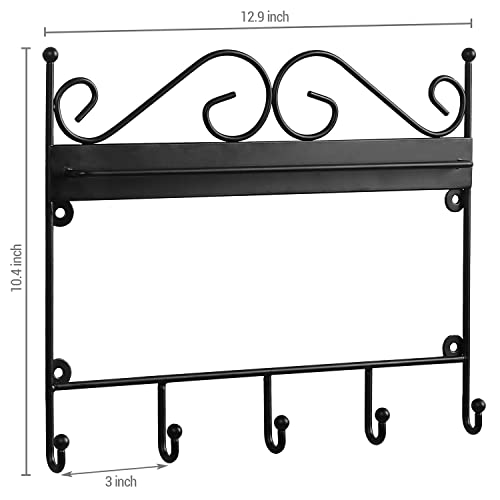 MyGift Wall Mounted Black Metal Wire Hanging Sunglasses Display Holder and Key Rack Organizer with 5 Hooks and Scrollwork Design