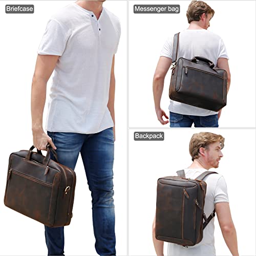 TIDING Leather Convertible Briefcase Backpack for Men Vintage 15.6 Inch Laptop Messenger Bag Business Travel Shoulder Bag