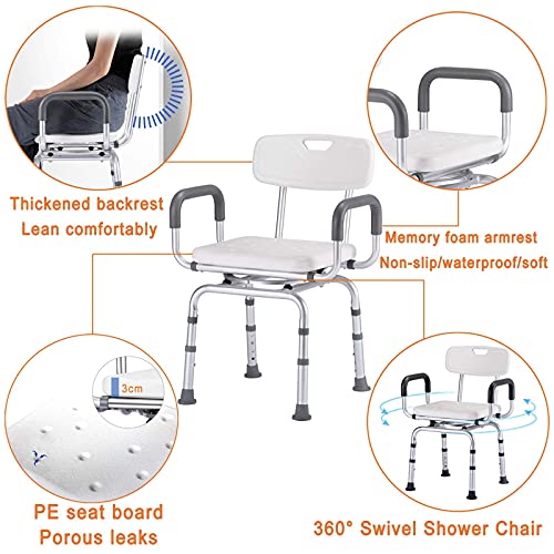 PAYRFV Pivoting Swivel Shower Chair for Elderly Seniors, 360° Bathtub Seat with Arms and Back Bath Stool Aid with Swivel Seat, Adjustable Height Shower Bench, Bathroom Bath Chair for Inside Shower
