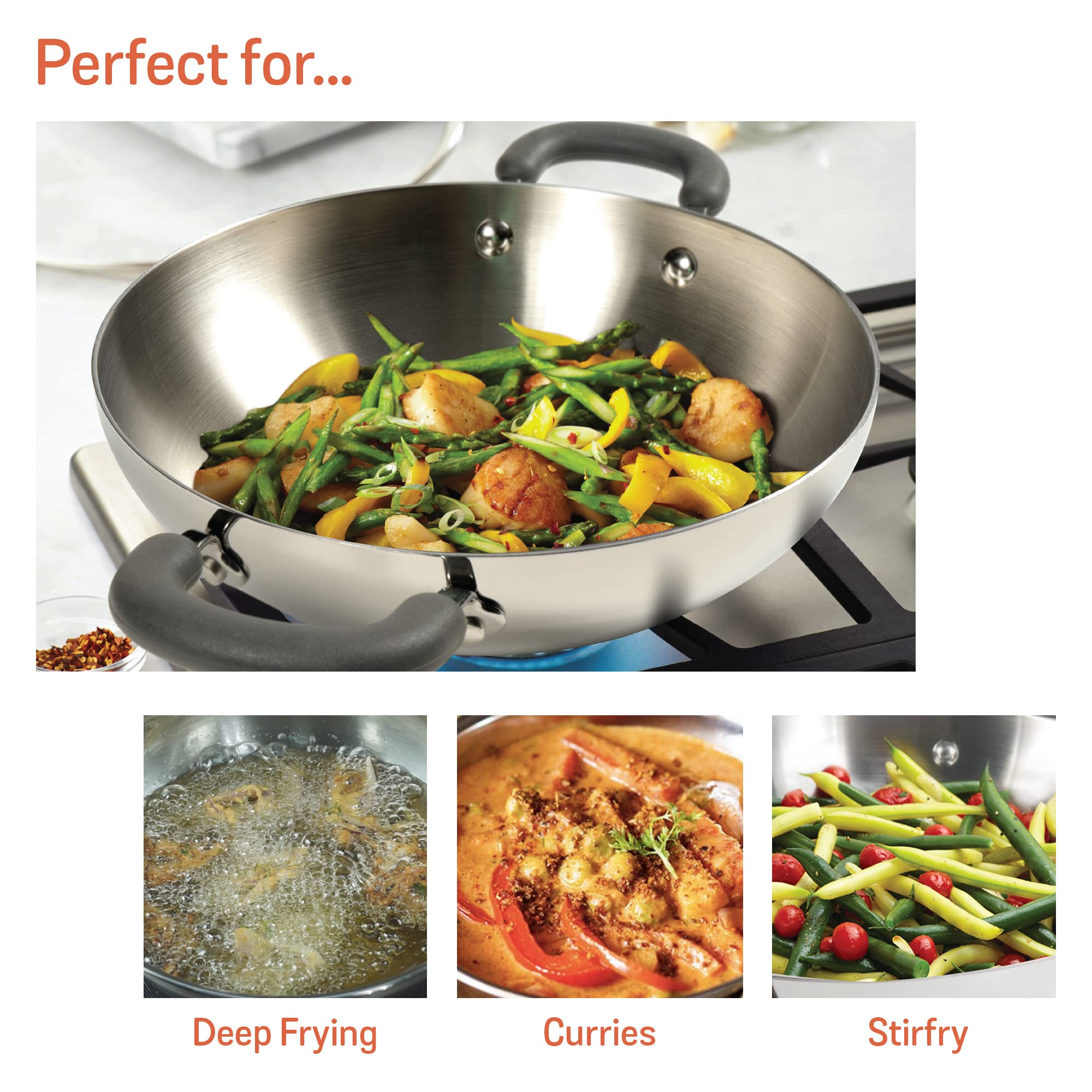 Meyer Trivantage Nickel Free Stainless Steel Triply Kadai | Steel Kadhai with Lid | Stainless Steel Cookware with Induction Base | Small Kadhai for deep Fry, 22cm, Silver