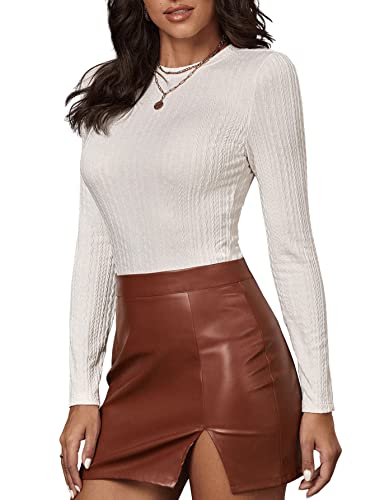 Verdusa Women's Basic Mock Neck Slim Fitted Pullovers Long Sleeve Tee Tops Cream White Textured S