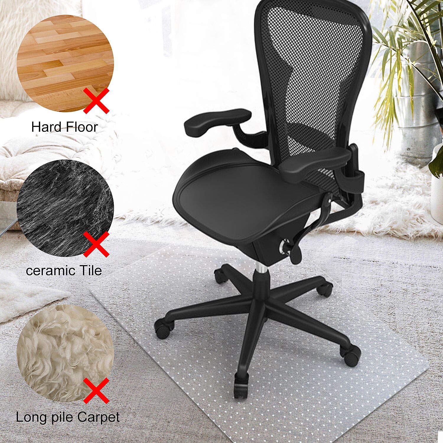 Kuyal Carpet Chair Mat, 48" x 36" PVC Home Office Desk Chair Mat for Floor Protection, Clear, Studded, BPA Free Matte Anti-Slip (36" X 48" Rectangle)