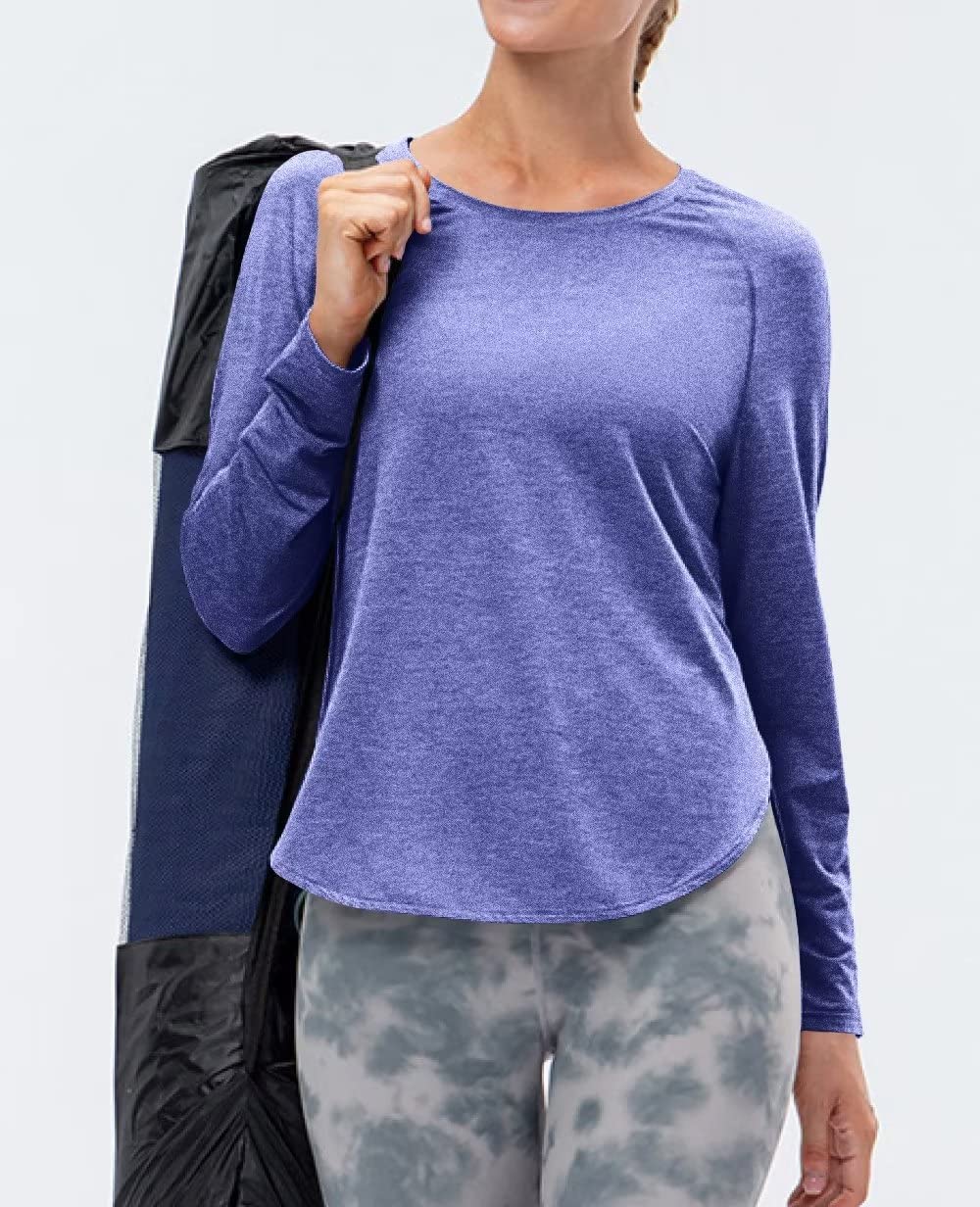 LEEDYA Womens Long Sleeve Crewneck Yoga Shirt Basic Athletic Workout Tops Side Slit Sports Gym Shirts Purple XL