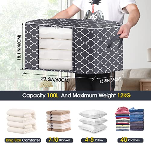 QYQBOON Large Clothes Storage Bags 100L Storage Bins Organizer Clothing Thicken Storage Containers for Comforter Blanket Bedding, Foldable with Reinforced Handle, Clear Window, Sturdy Zippers, 3 Pack