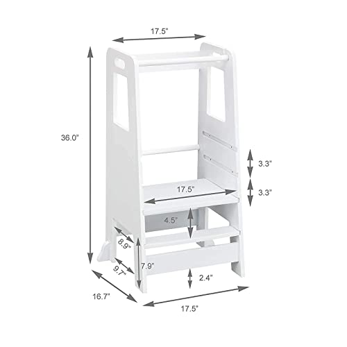Kid's Wooden Kitchen Step Stool, 220lbs Capacity, Adjustable Platform Standing Tower, with Safety Guardrail Child Studying Tower, Toddler Stool for Bathroom, Cooking Helper(White
