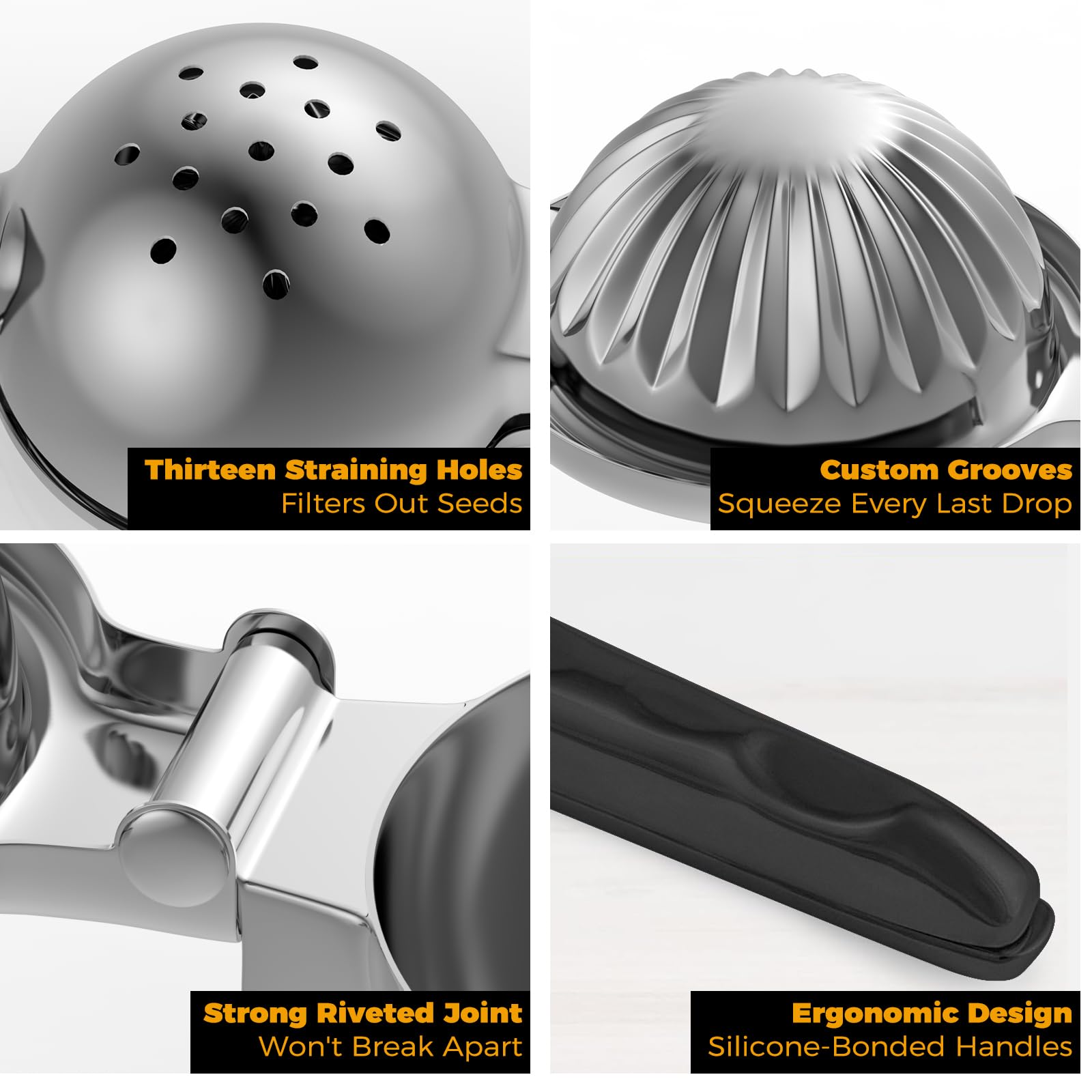 RCMo Stainless Steel Lemon Squeezer - Metal Citrus Juicer - Lime Lemon and Fruit Juicer with Silicone Handles - Large Manual Citrus Press Juicer - Hand Held Squeezer - Ergonomic Design with Solid