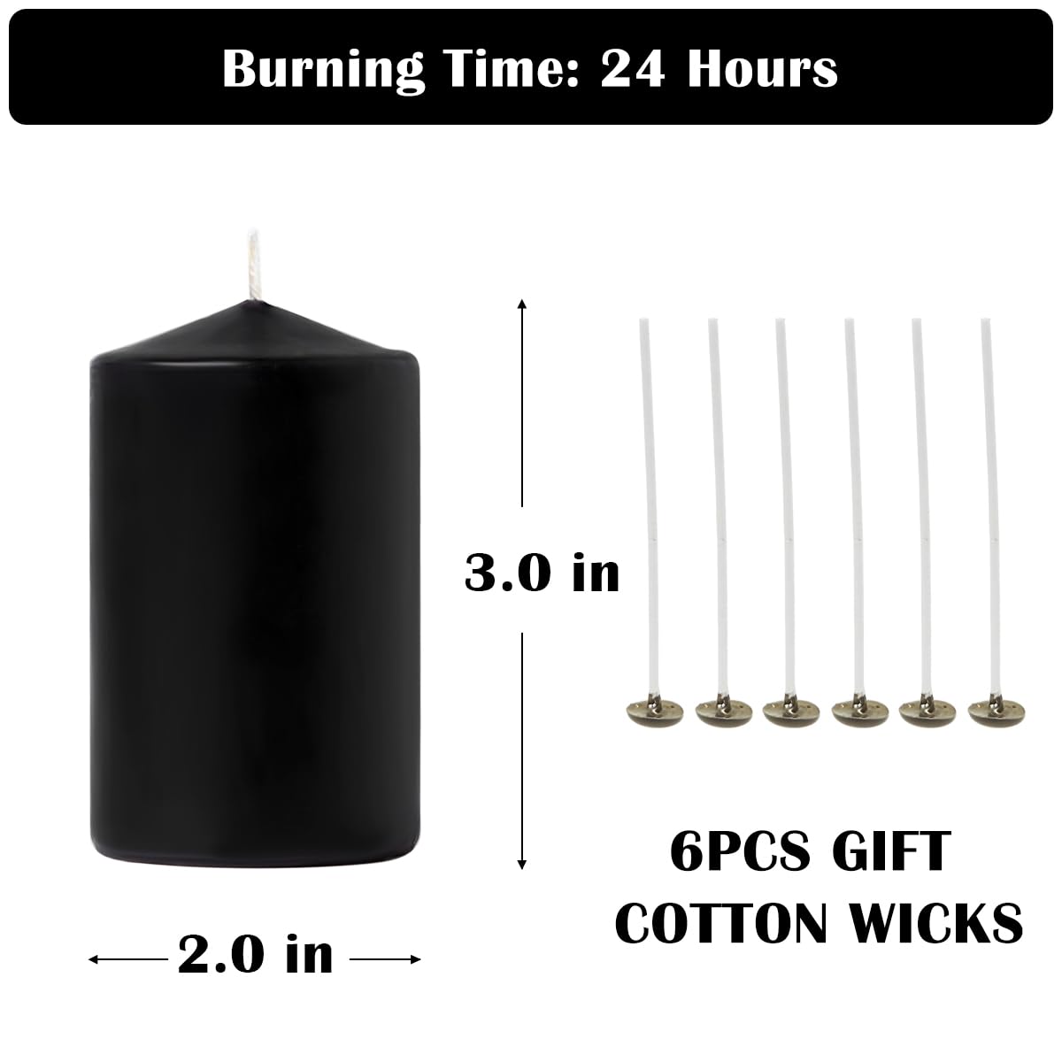Unscented Black Pillar Candles, Small 2x3 Inch Dripless Tapered Column Halloween Solid Colored Candles for Home Party Holiday, 24 Hour Burn Time, Set of 8