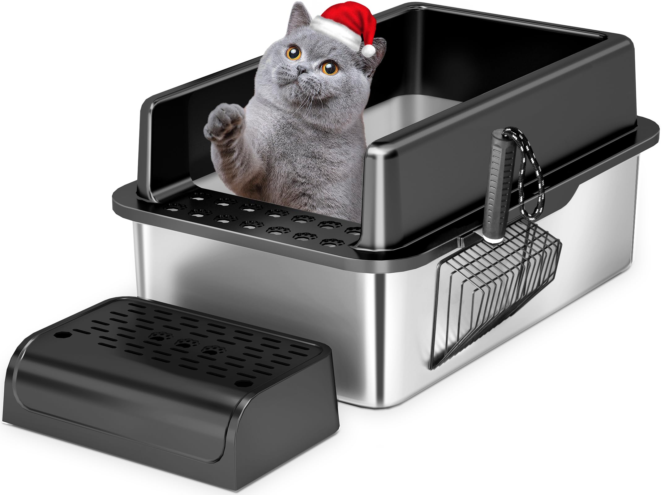 Stainless Steel Cat Litter Box with Lid, Extra Large Enclosure Litter Box for Big Cats, High Sided XL Metal Litter Pan Non-Sticky Anti-Leakage Odor Control Easy Cleaning(Black, 24โ x 16โ x 12โ)
