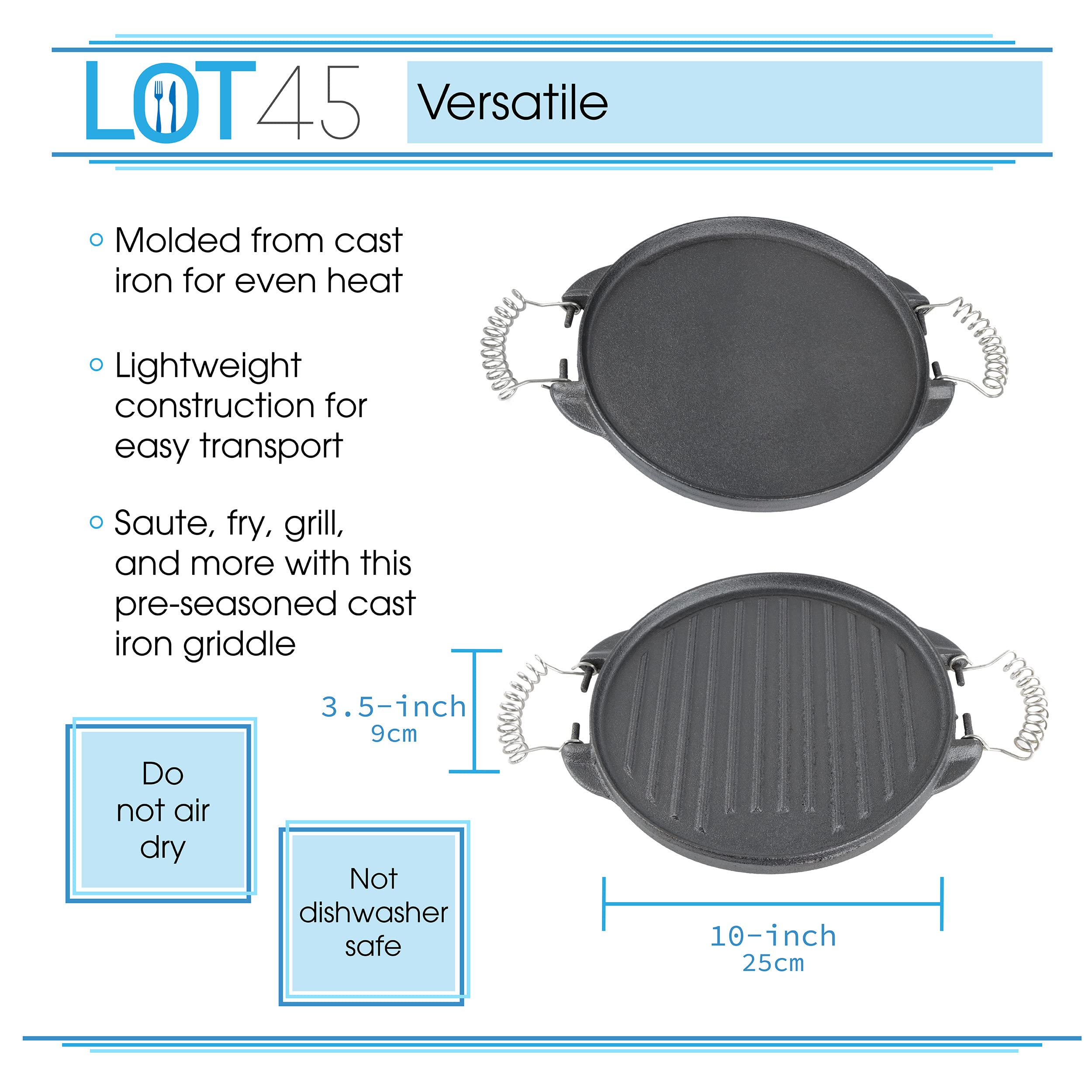 Lot45 Cast Iron Grill Pan, 10in - Cast Iron Grill Pans for Stove Tops, Grilling Cookware Dual-Sided Griddle for Camping