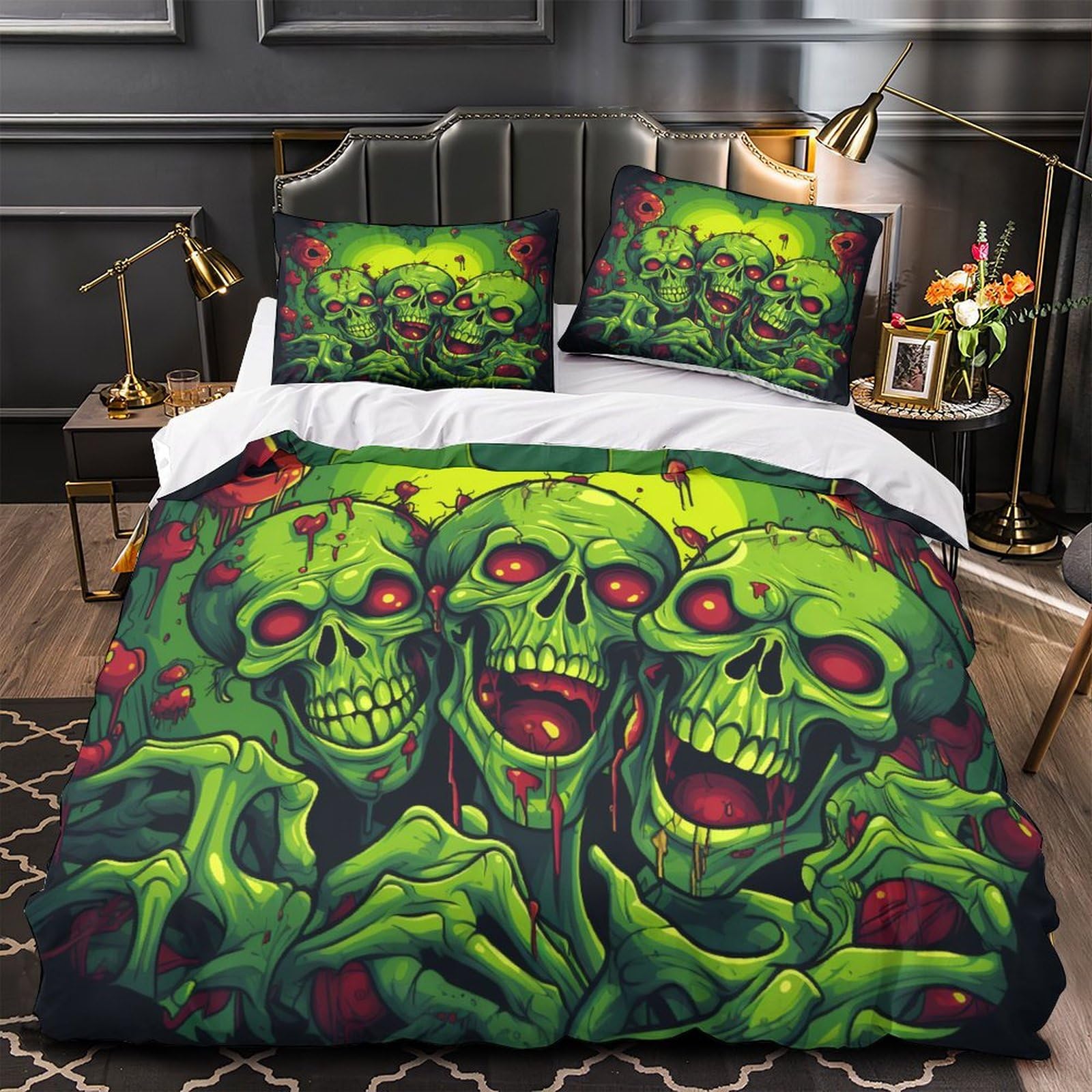 UPIKIT Zombie Halloween Quilt Cover for Teens and Adults Comforter Covers Duvet Cover 3D Print Horror Theme with Pillow Cases Bedding Set Soft Microfiber with Zipper Closure 3 Pieces Full(203x228cm)