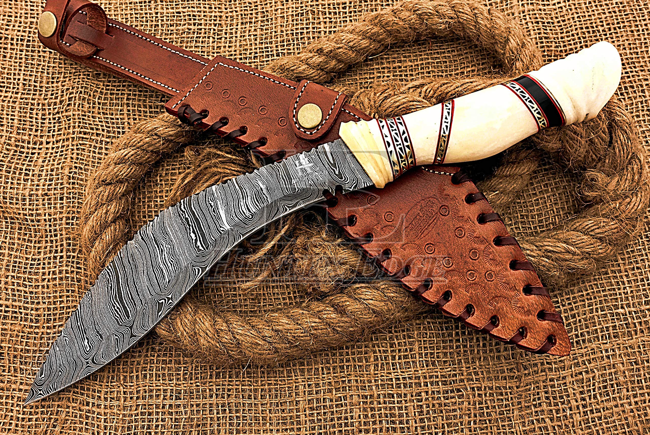 HUNTEX Unique Custom Handmade Hand Forged Damascus Steel 15 Inch Long Full Tang Camel Bone Handle Razor Sharp Hunting Camping Kukri Knife with Genuine Leather Sheath