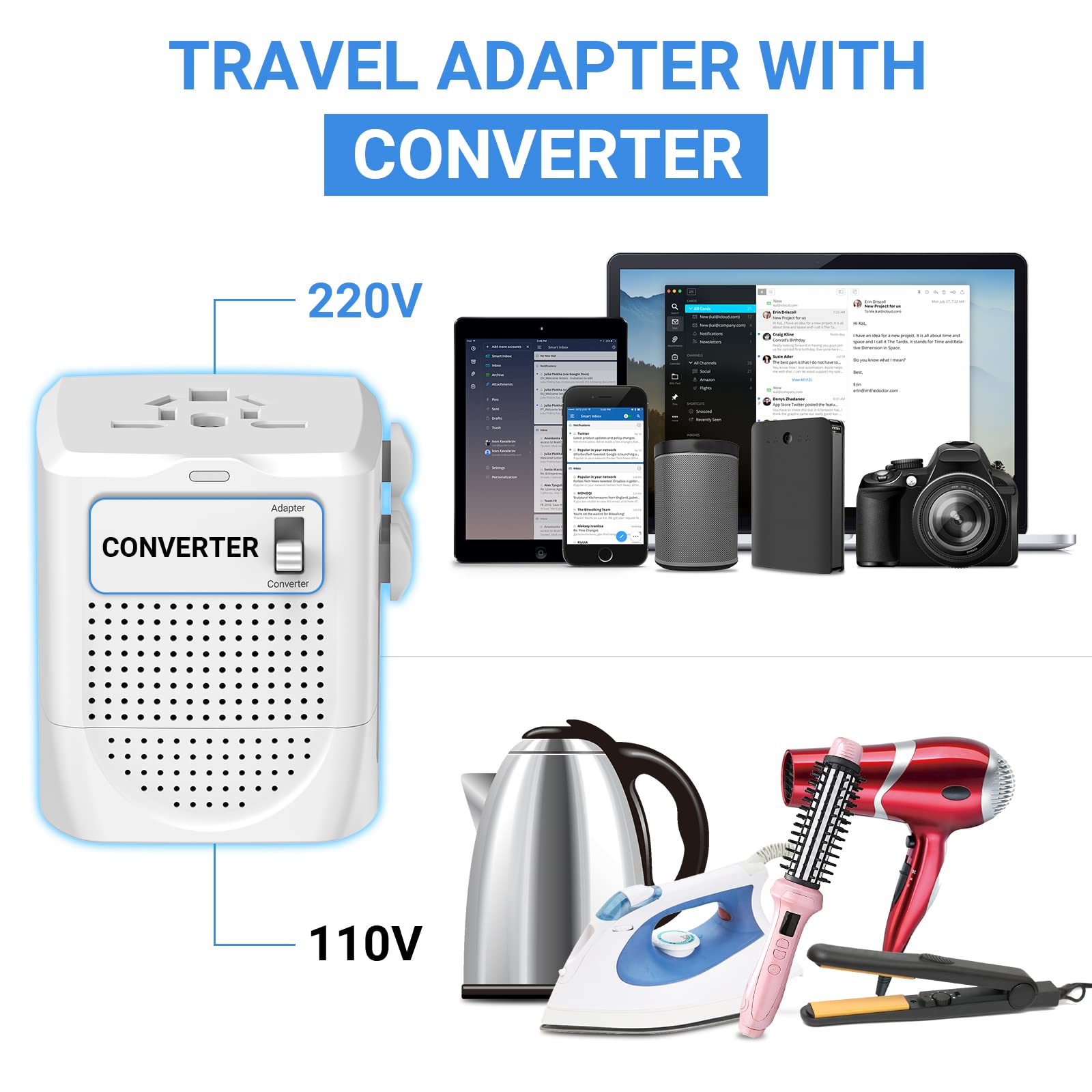 Step Down 220V to 110V Adapter and Voltage Converter Combo + European Travel Plug Adapter with Fast Charger
