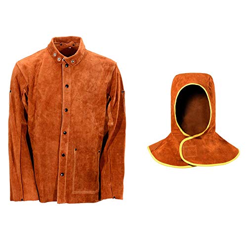 QeeLink Leather Welding Work Jacket with Hood Flame-Resistant Heavy Duty Split Cowhide Leather Welder Jackets with Hood for Men & Women, 3XL